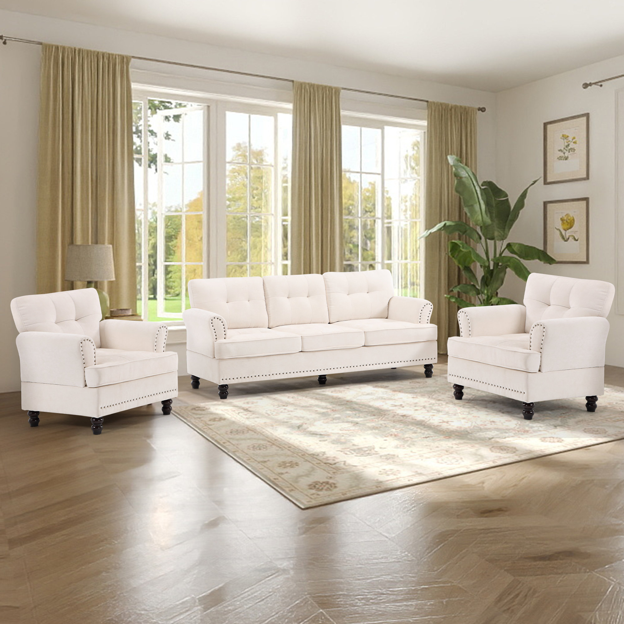 Ekambir 3 Piece Modern Tufted Upholstered Standard Sofa Living Room Set with Nailhead Trim Charlton Home Upholstery Color Beige